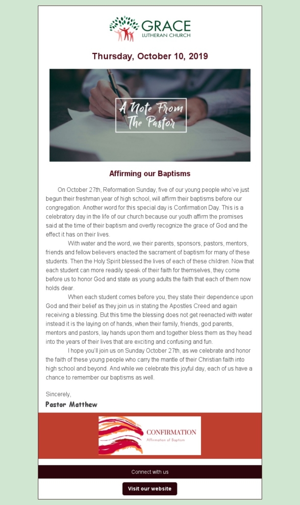 A Note from the Pastor- October 10, 2019 - Grace Lutheran Church, ELCA